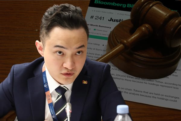 A photograph of Justin Sun, superimposed over a gavel and an image of the Bloomberg Billionaires Index entry