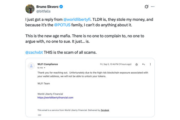 Tweet by Bruno Skvorc: I just got a reply from  @worldlibertyfi . TLDR is, they stole my money, and because it's the  @POTUS  family, I can't do anything about it...